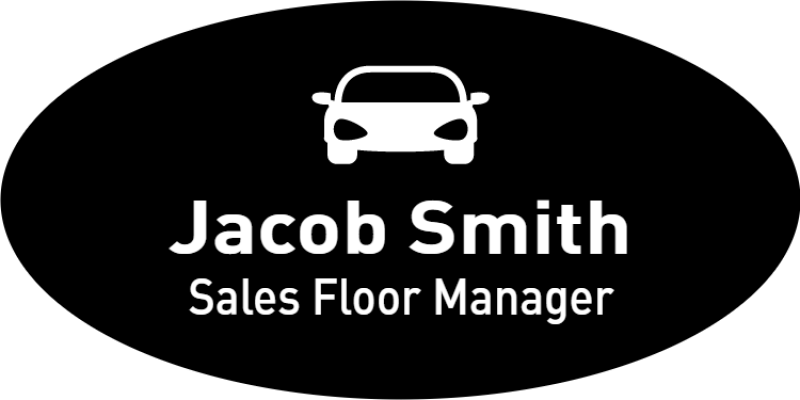 Engraved Oval Car Dealer Name Tag - Name Tag Wizard