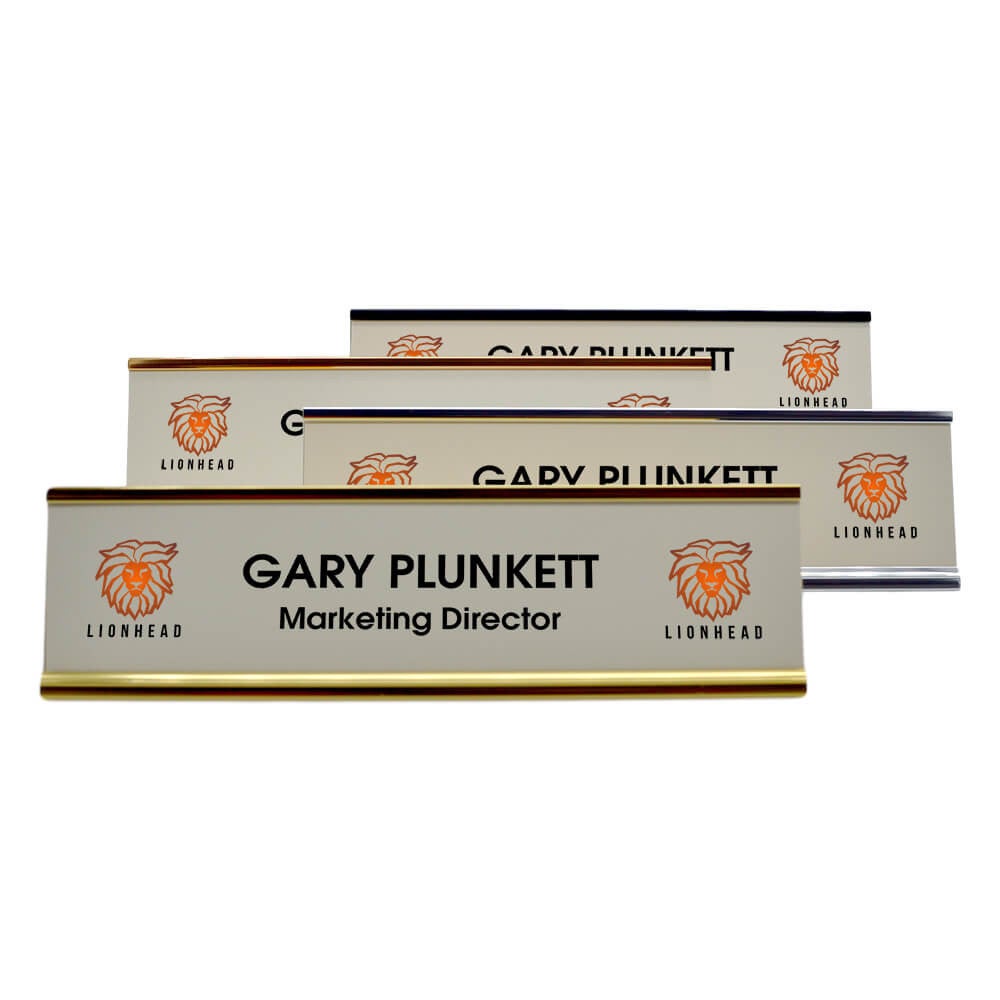 Small Full Color Desk Plate w Double Logo & Holder – Name Tag Wizard