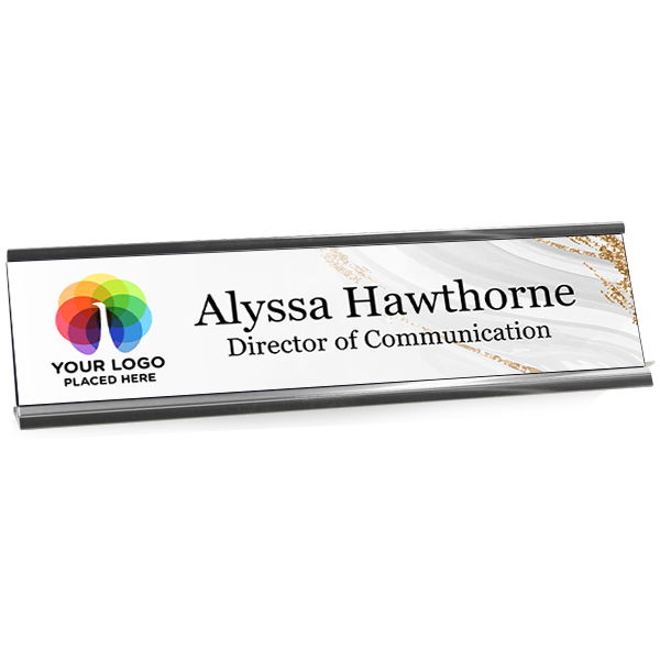 Custom Desk Plate with Logo | Silver & Gold Design | NameTagWizard.com