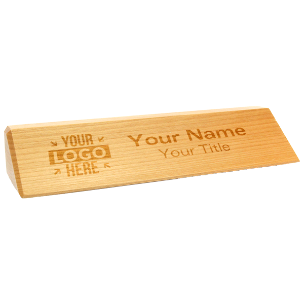 Natural Engraved Red Alder Desk Wedge w/ Logo | 2" x 10" | Name Tag Wizard