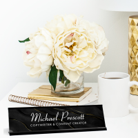Modern Black Marble Plastic Full Color Custom Desk Name Plate with ...